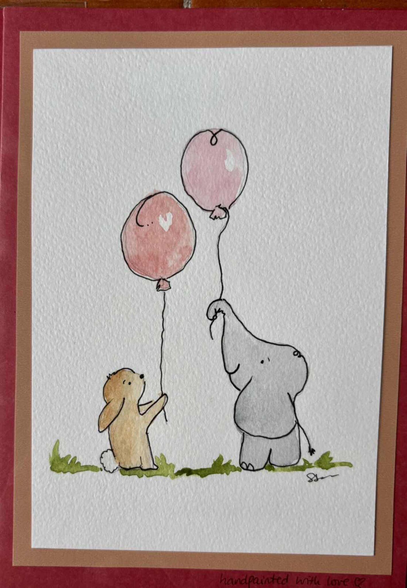 Charming Handpainted Card with a Rabbit and an Elephant Design ...